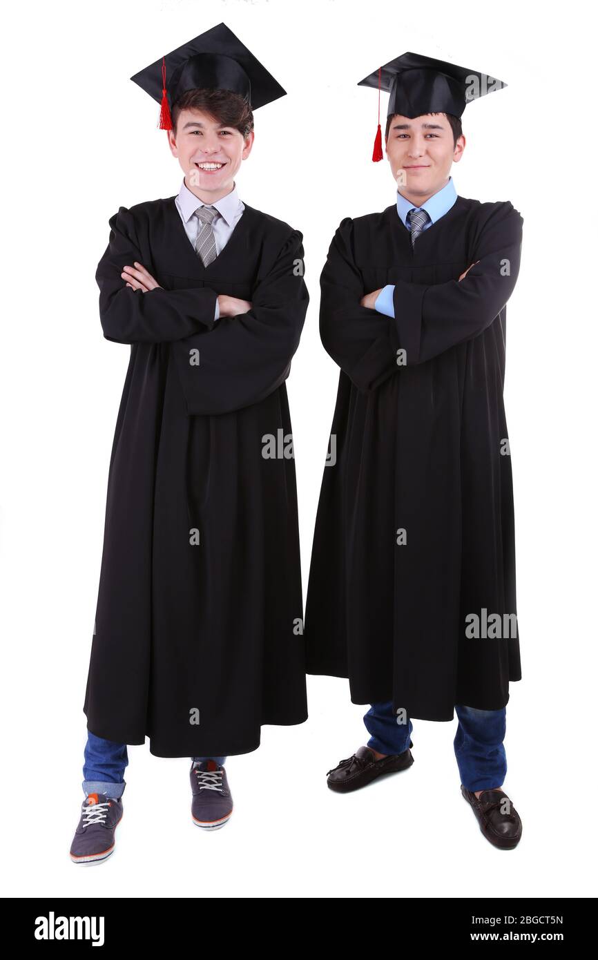 Two happy graduating students isolated on white Stock Photo - Alamy