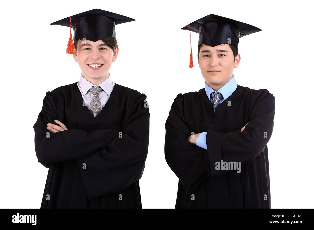 Two happy graduating students isolated on white Stock Photo - Alamy