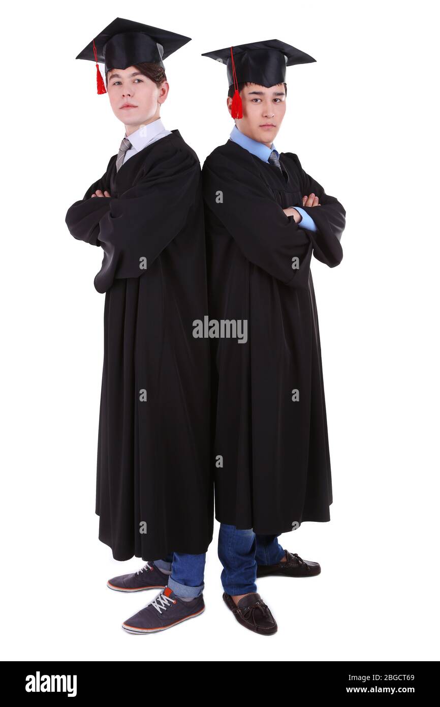 Two happy graduating students isolated on white Stock Photo - Alamy
