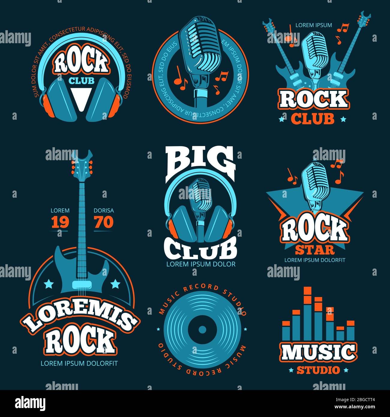 Music studio production vector labels. Musical badges with guitars and ...
