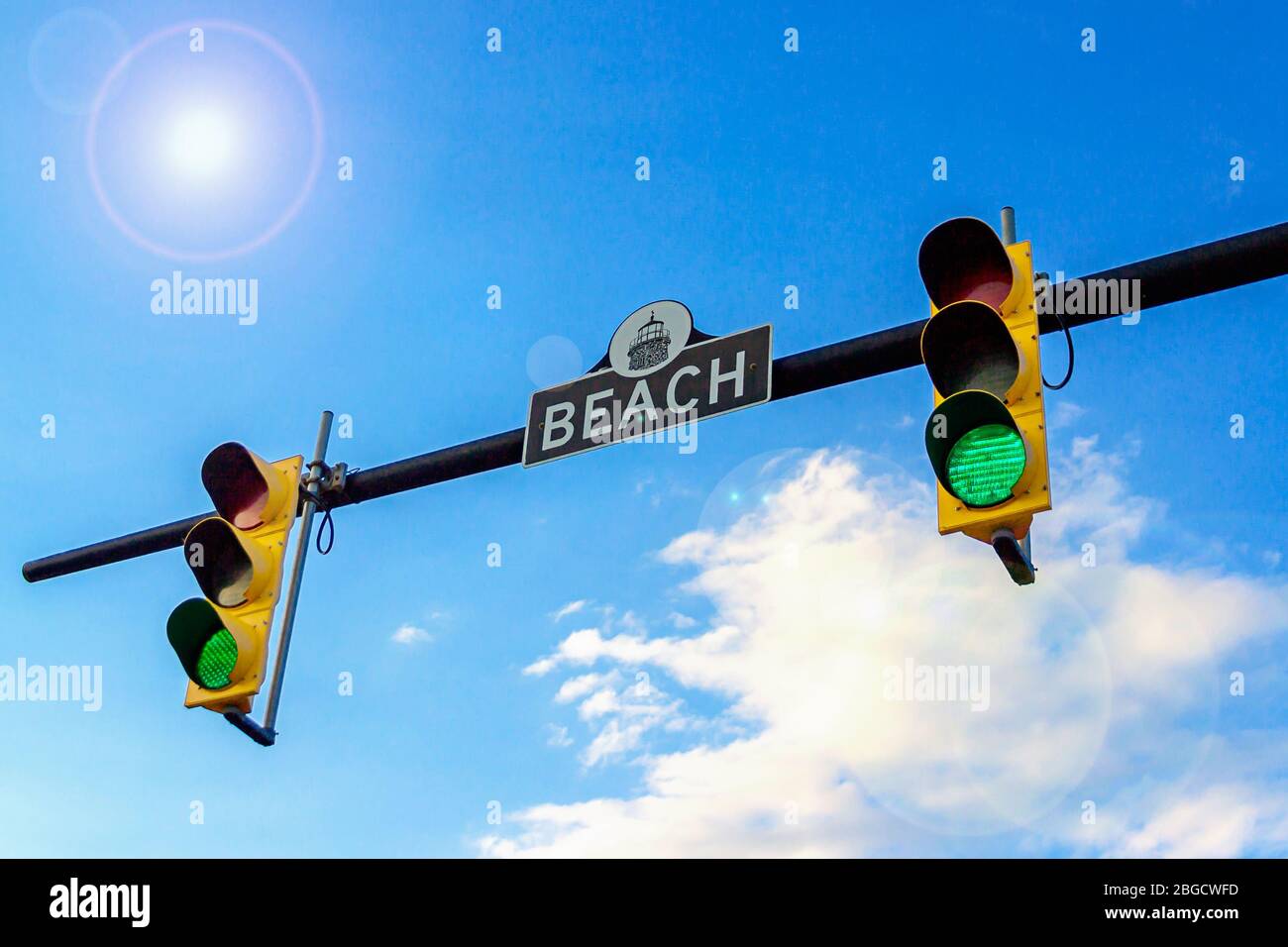 Two traffic lights and street sign BEACH. Traffic light with green ...