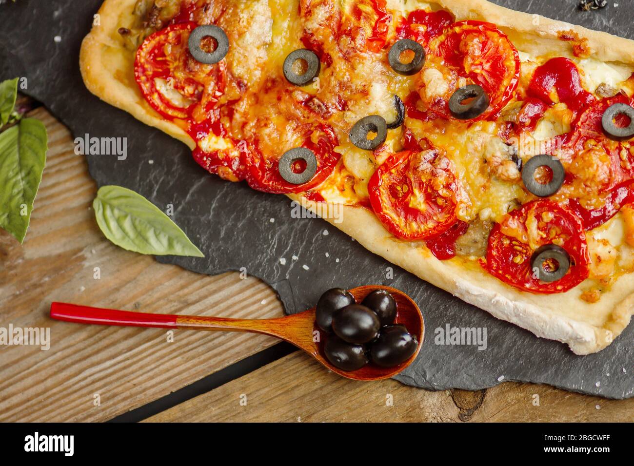 Close up view of baked homemade piza. Rustic pizza home made food ...