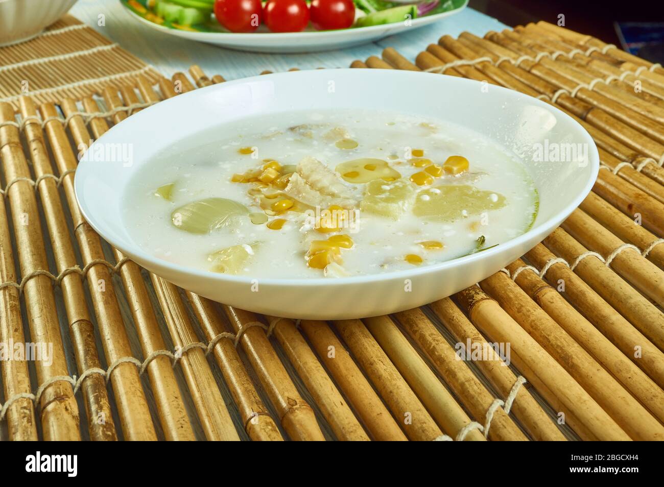 Smoked Haddock sweetcorn soup, seafood Chowder close up Stock Photo - Alamy
