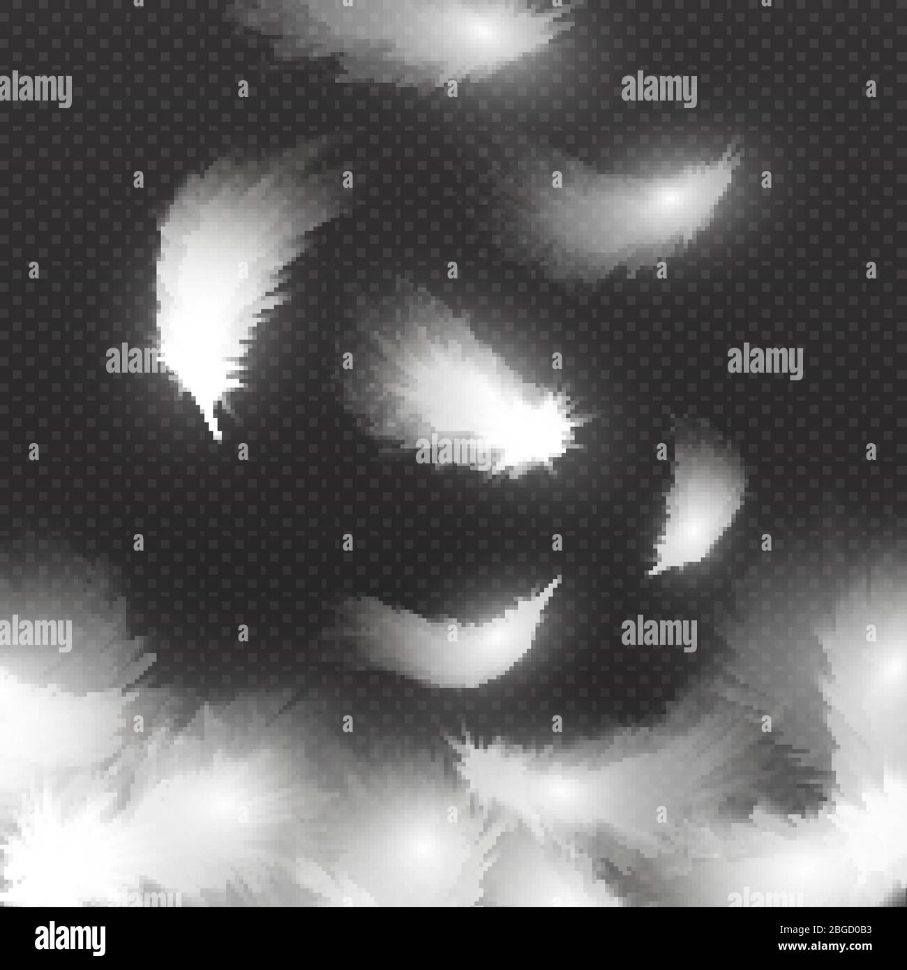 Falling white fluffy feathers on air isolated on black background. Easy ...