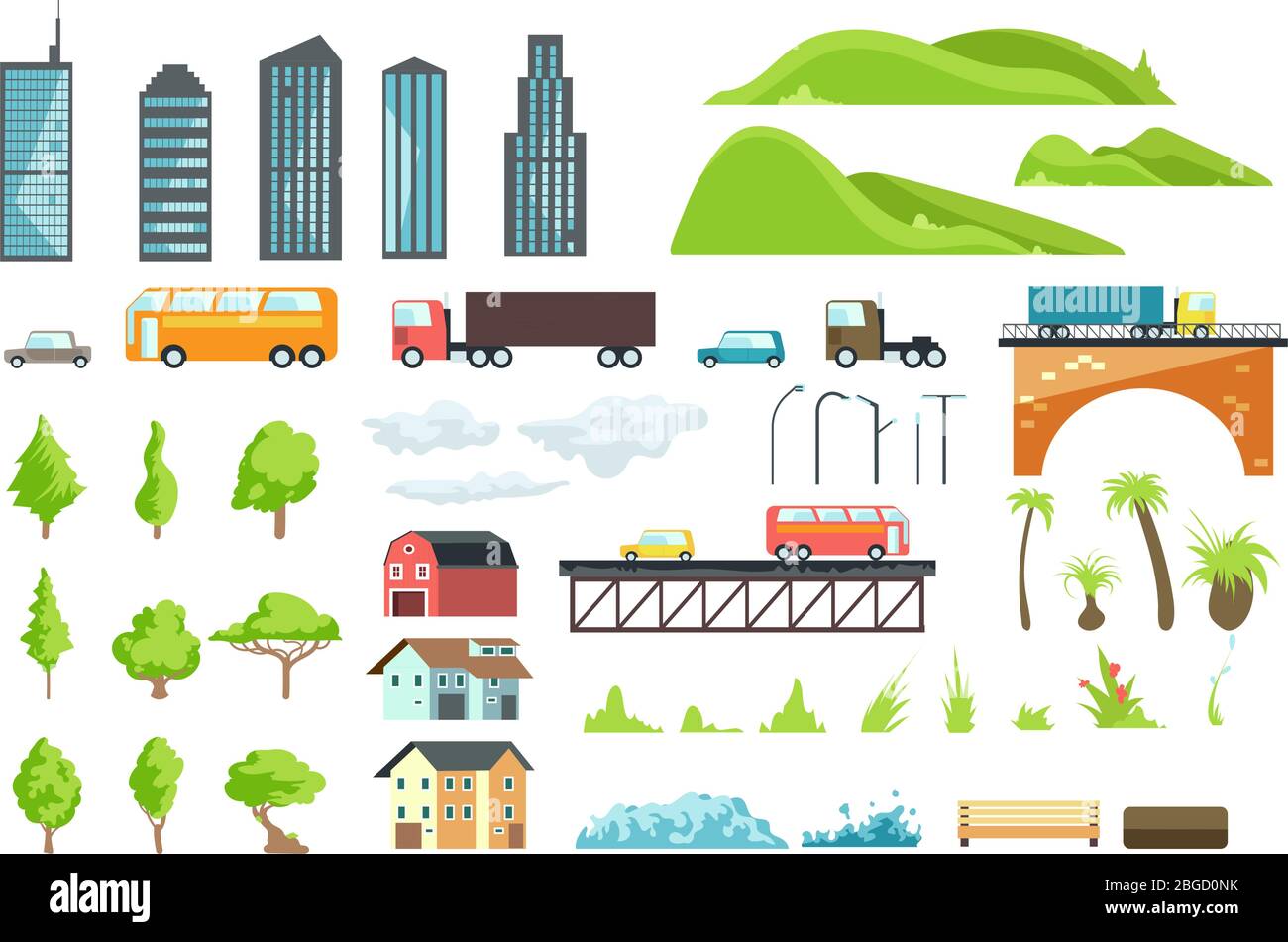 Flat city map vector elements with urban transport, road, trees and ...