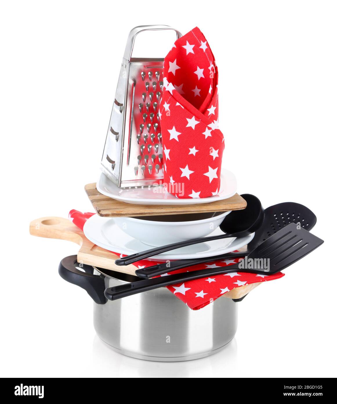 Stacked cooking equipment isolated on white Stock Photo - Alamy