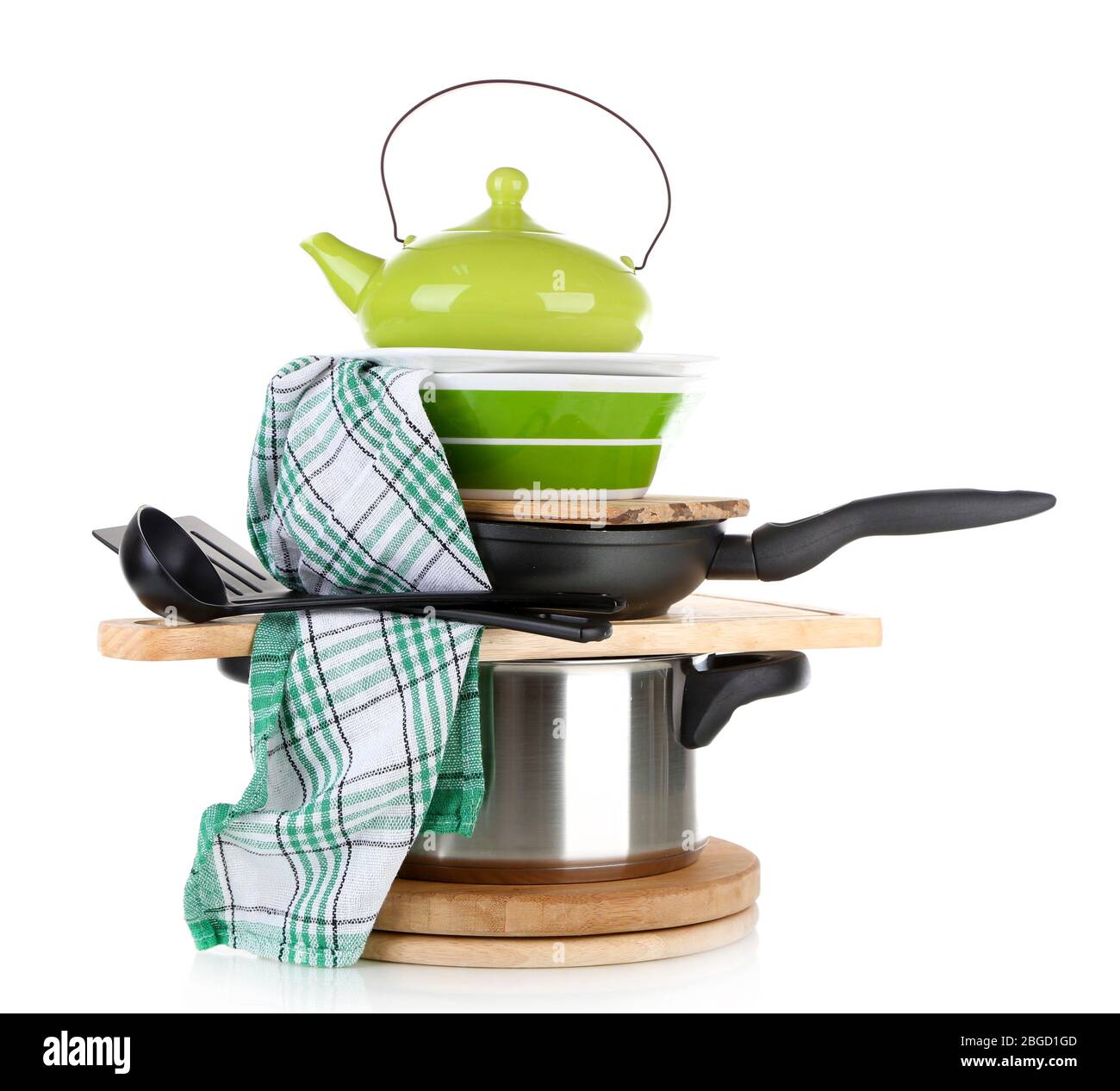 Stacked cooking equipment isolated on white Stock Photo - Alamy