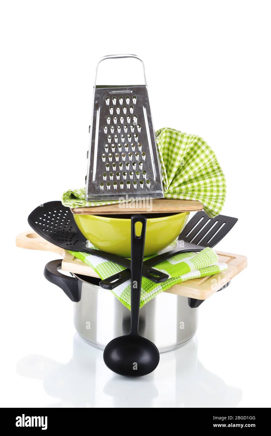 Stacked cooking equipment isolated on white Stock Photo - Alamy