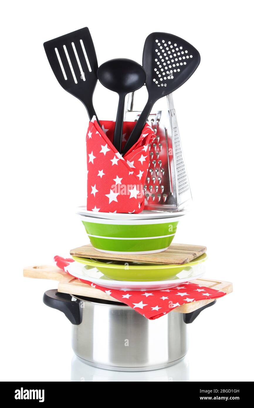 Stacked cooking equipment isolated on white Stock Photo - Alamy