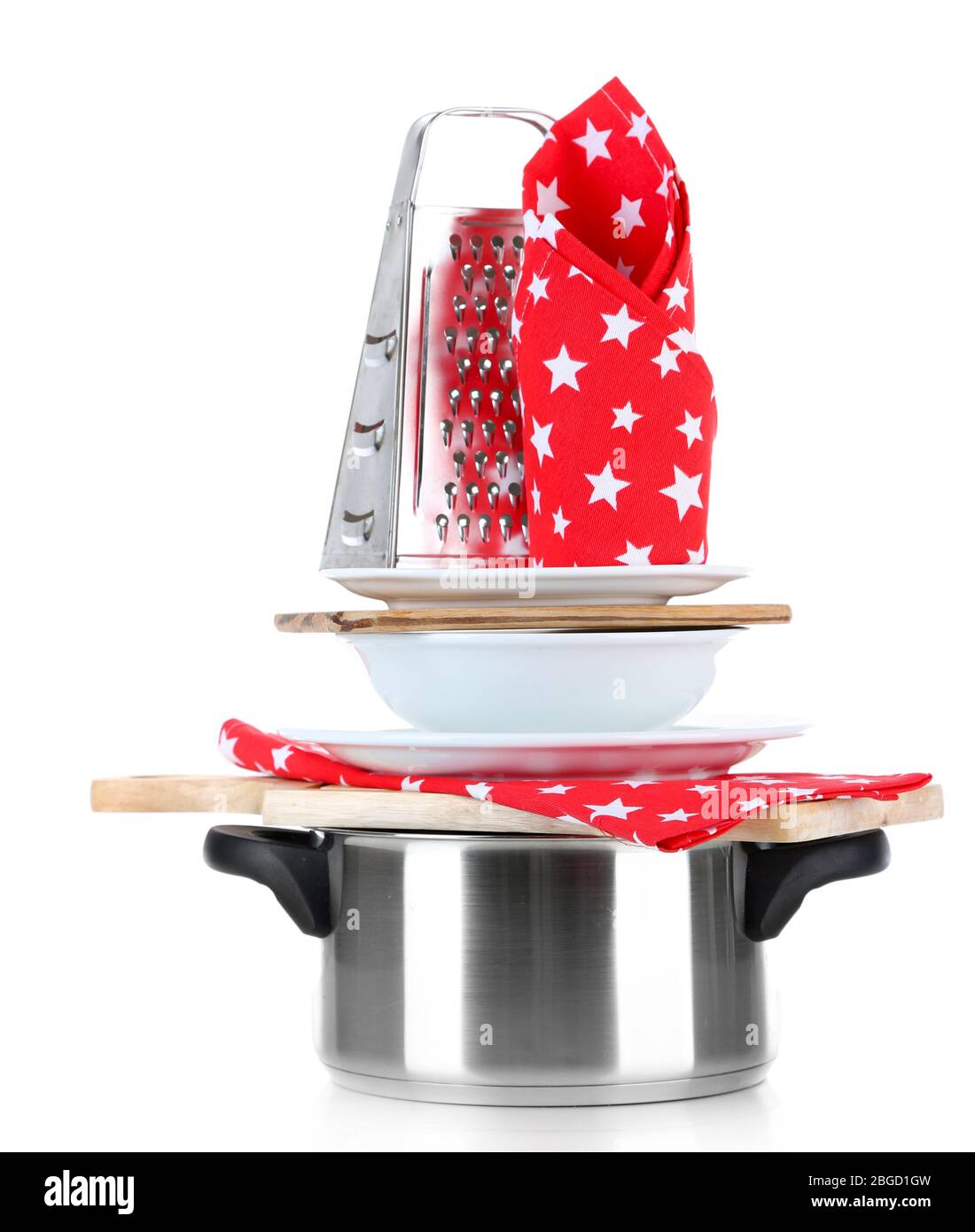 Stacked cooking equipment isolated on white Stock Photo - Alamy