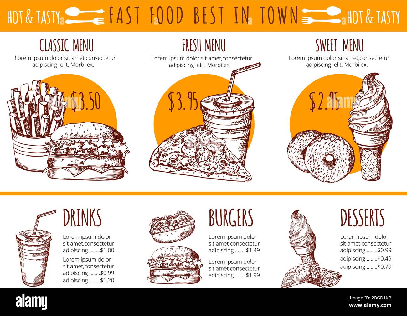 Vector pictures of bistro menu. Restaurant fast food vector hand drawn ...