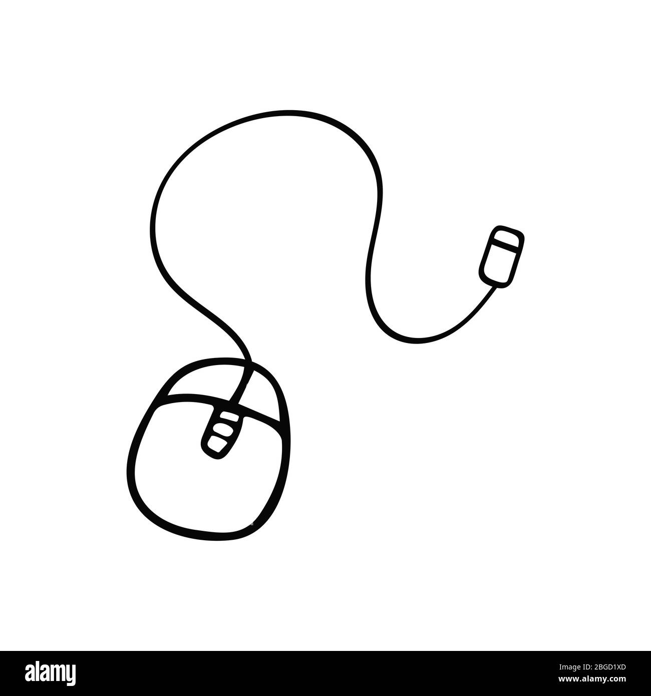 Computer wired mouse, black and white doodle style illustration concept ...