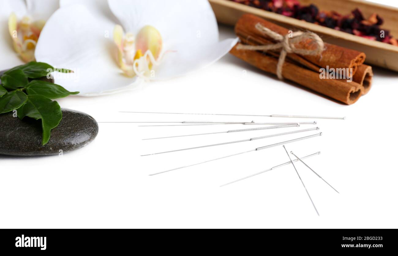 Composition with needles for acupuncture, isolated on white Stock Photo ...