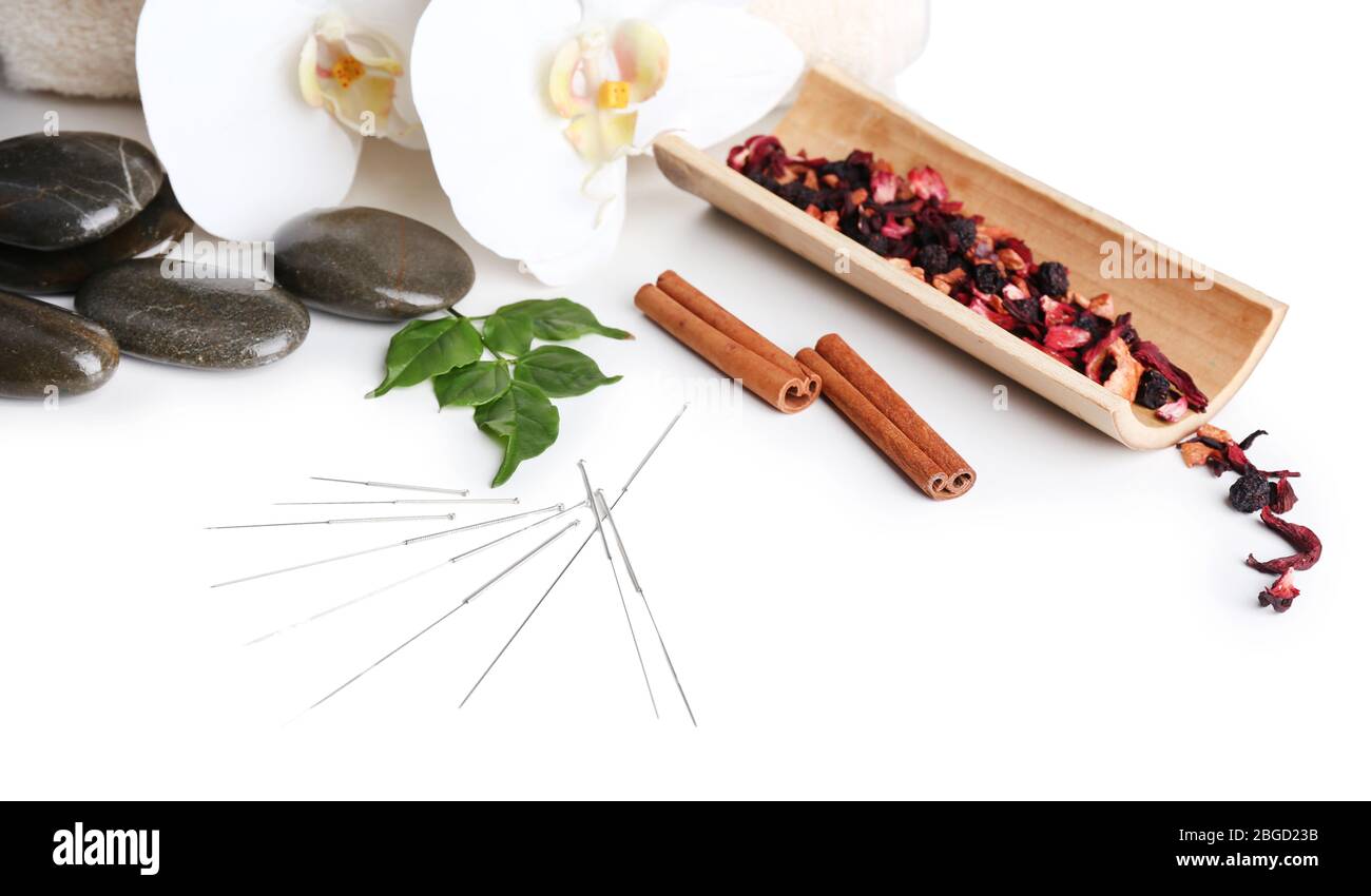 Composition with needles for acupuncture, isolated on white Stock Photo ...