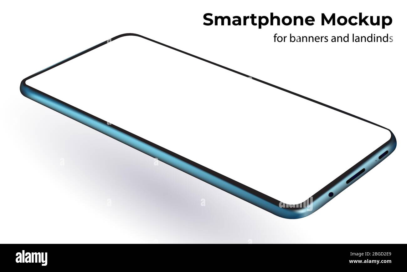 Blue modern smartphone frameless template and blank screen mockup, rotated horizontal ...