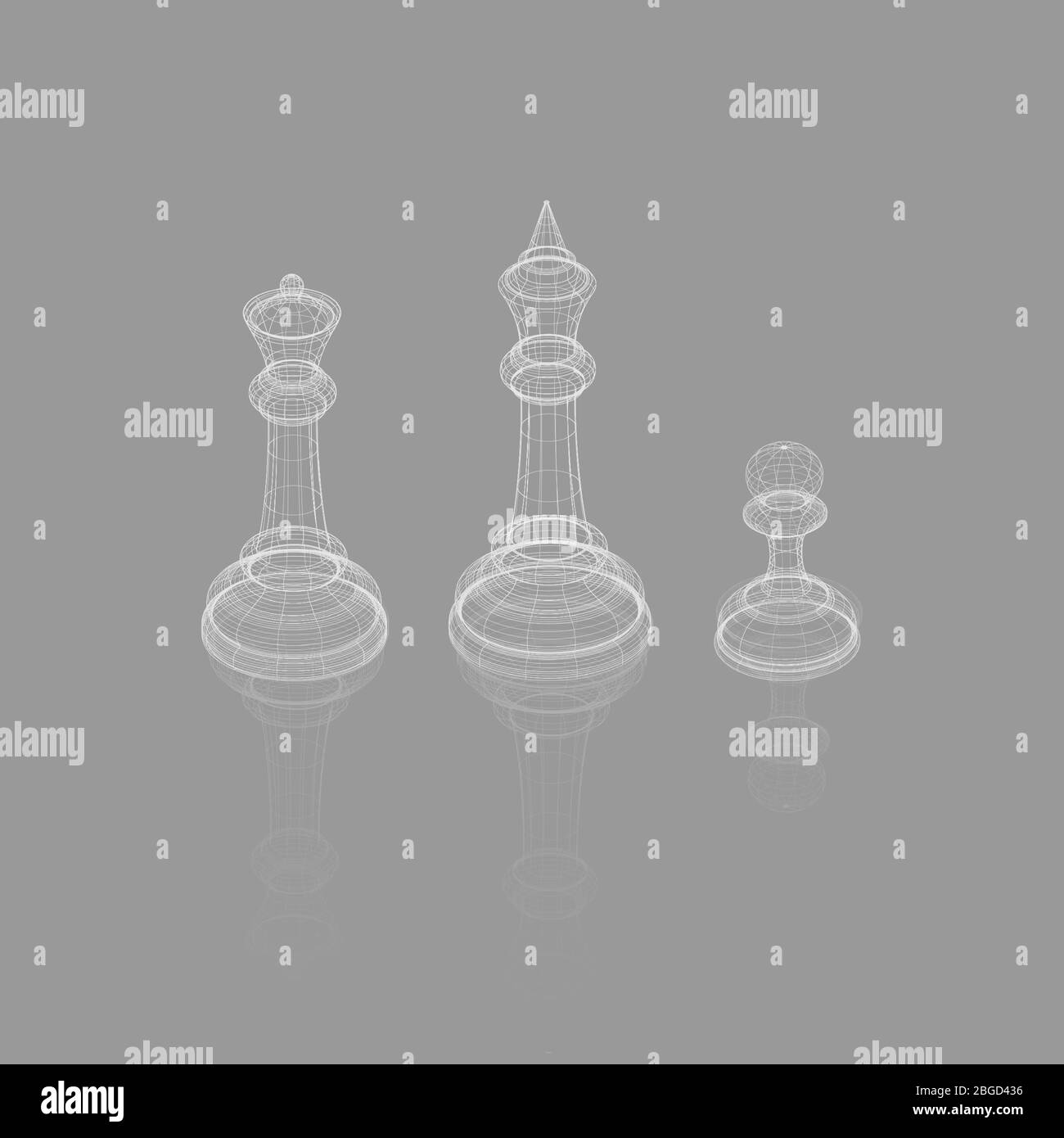 Abstract vector image of chess pieces king, queen and pawn. 3d frame ...