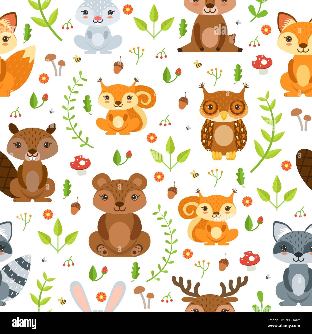 Vector seamless pattern of forest animals and summer plants Stock ...