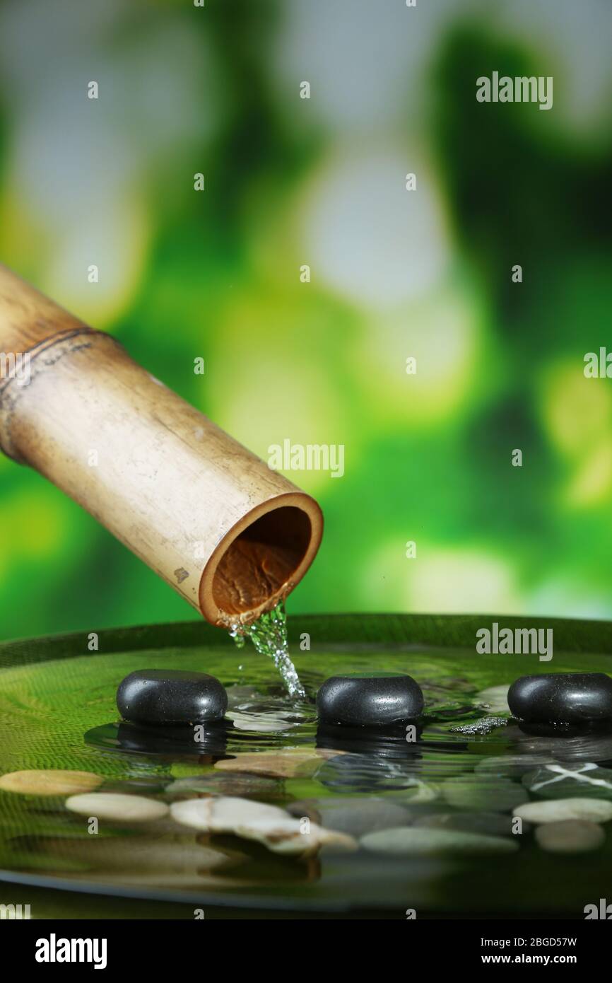 Spa still life with bamboo fountain, on bright background Stock Photo ...