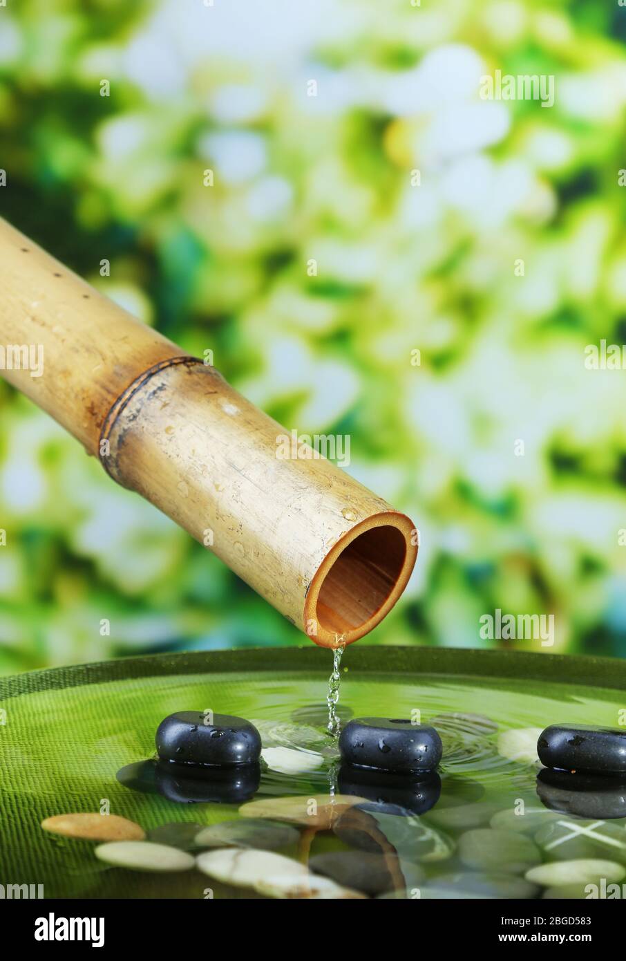 Spa still life with bamboo fountain, on bright background Stock Photo ...