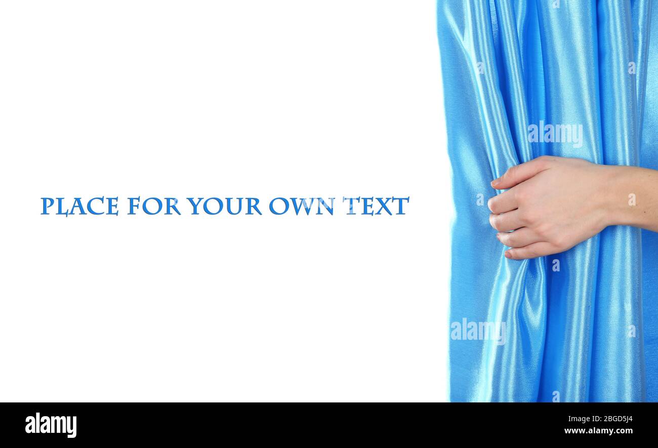 Hand opening curtain isolated on white Stock Photo - Alamy