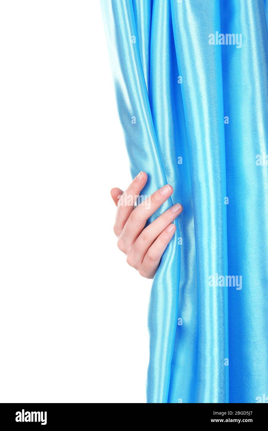 Hand opening curtain isolated on white Stock Photo - Alamy