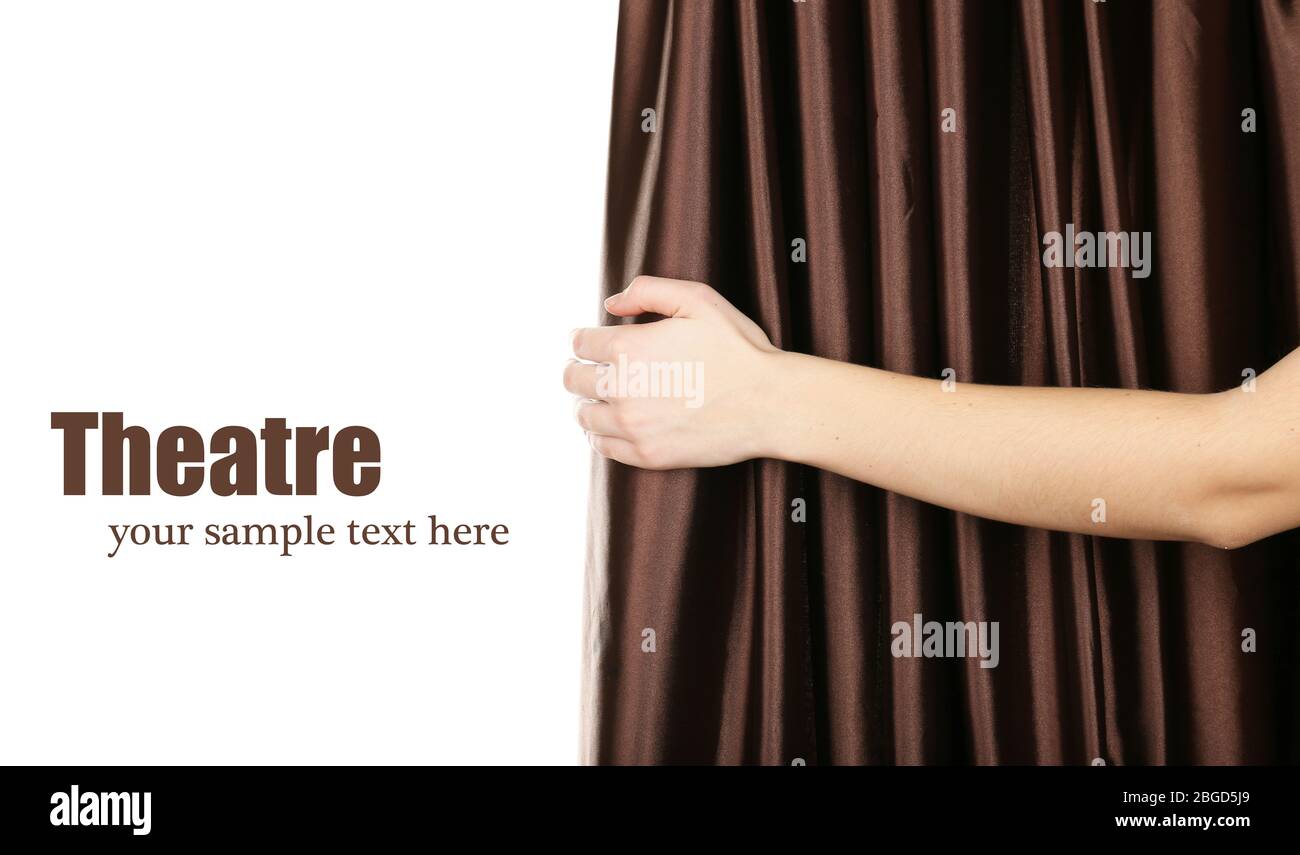 Hand opening curtain isolated on white Stock Photo - Alamy