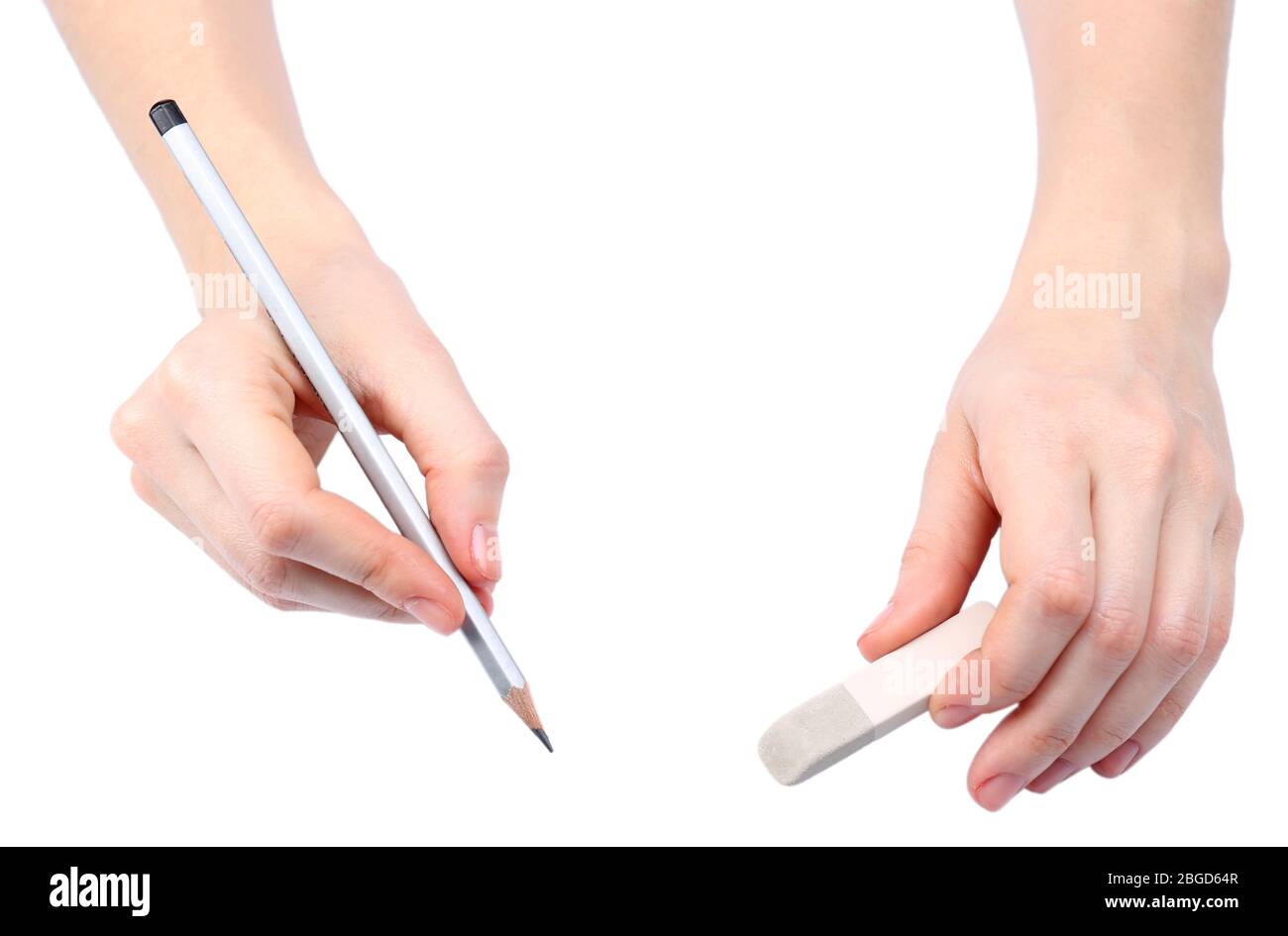 Human hands with pencil and erase rubber, isolated on white Stock Photo ...