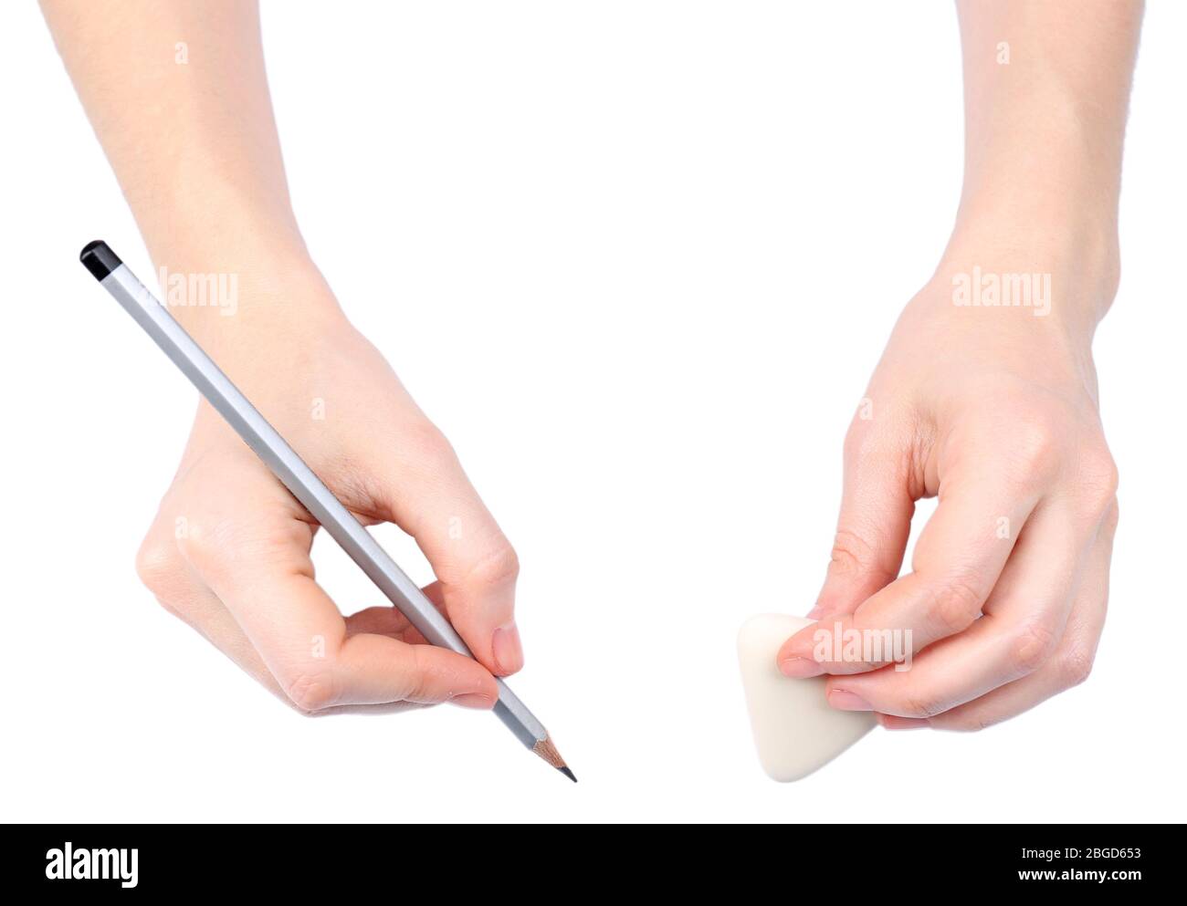 Human hands with pencil and erase rubber, isolated on white Stock Photo ...