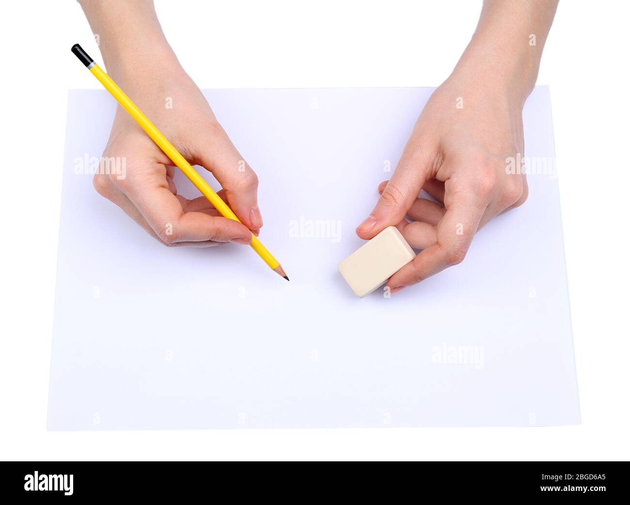 Human hands with pencil and erase rubber, isolated on white Stock Photo ...
