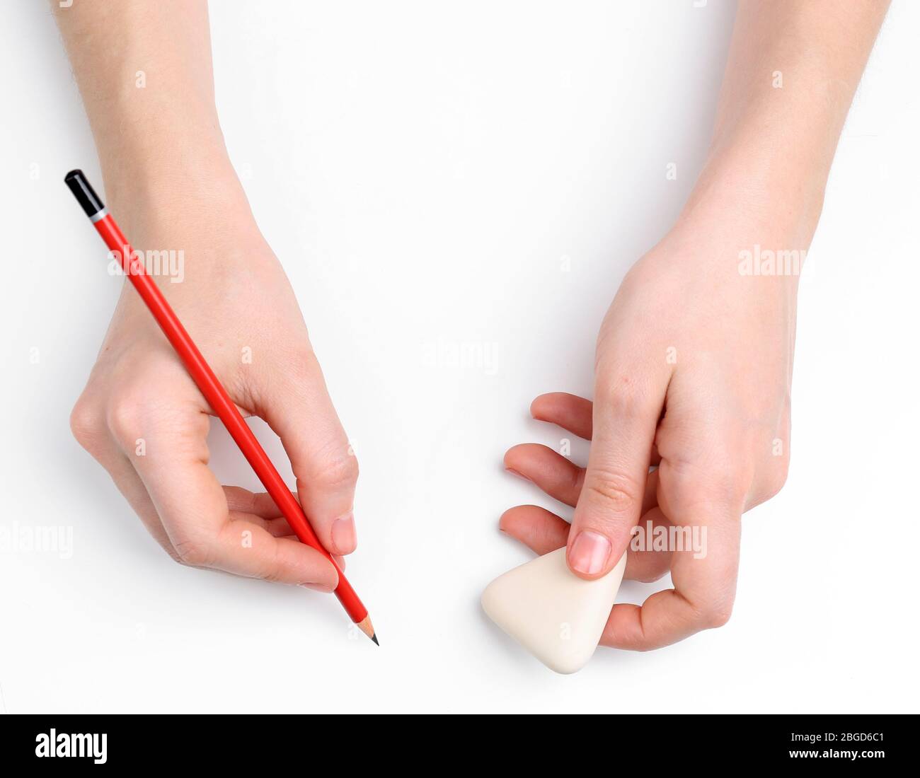 Human hands with pencil and erase rubber, isolated on white Stock Photo ...