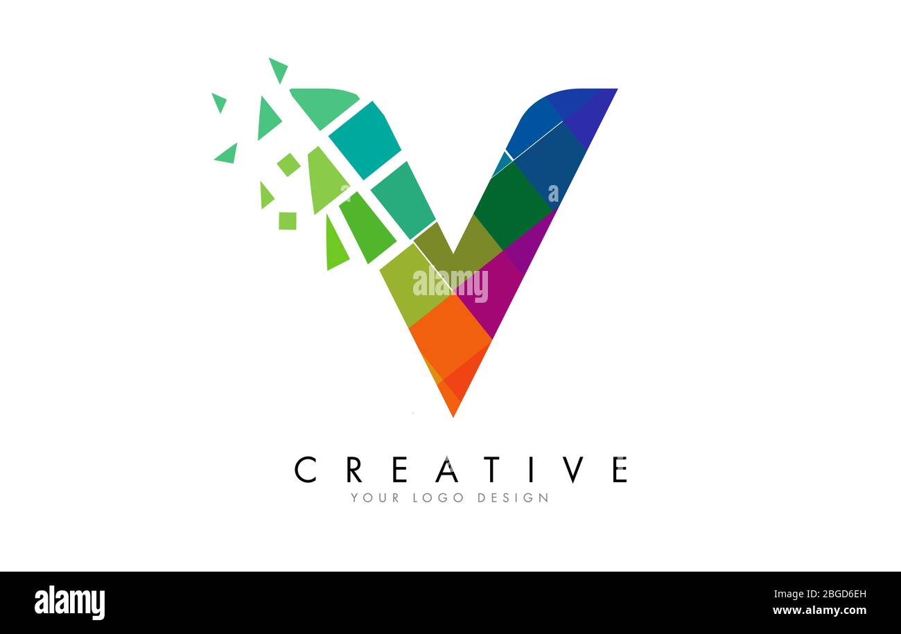 Letter V Design with Rainbow Shattered Blocks Vector Illustration ...