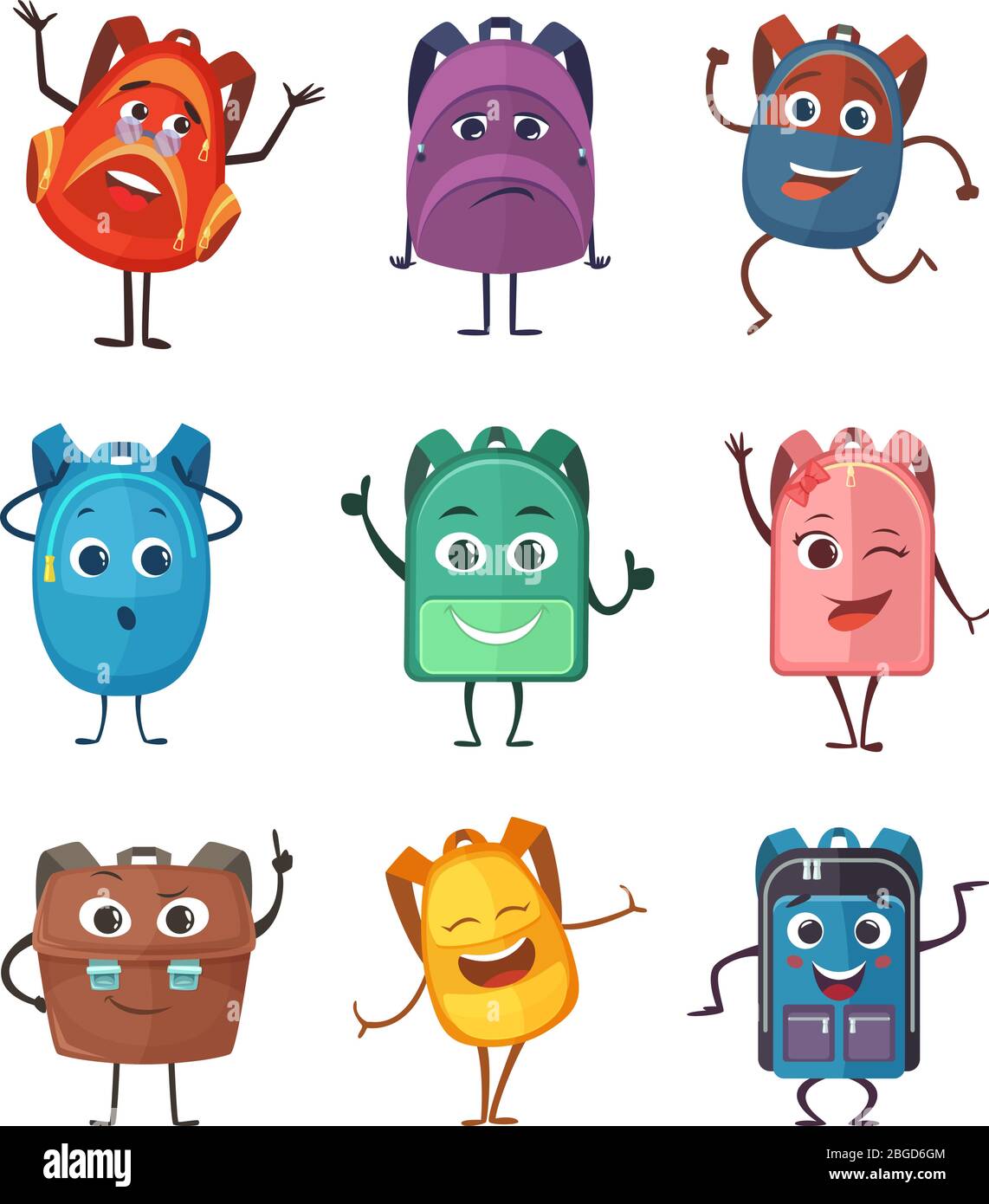 Schoolbags characters with different emotions. Vector illustrations ...