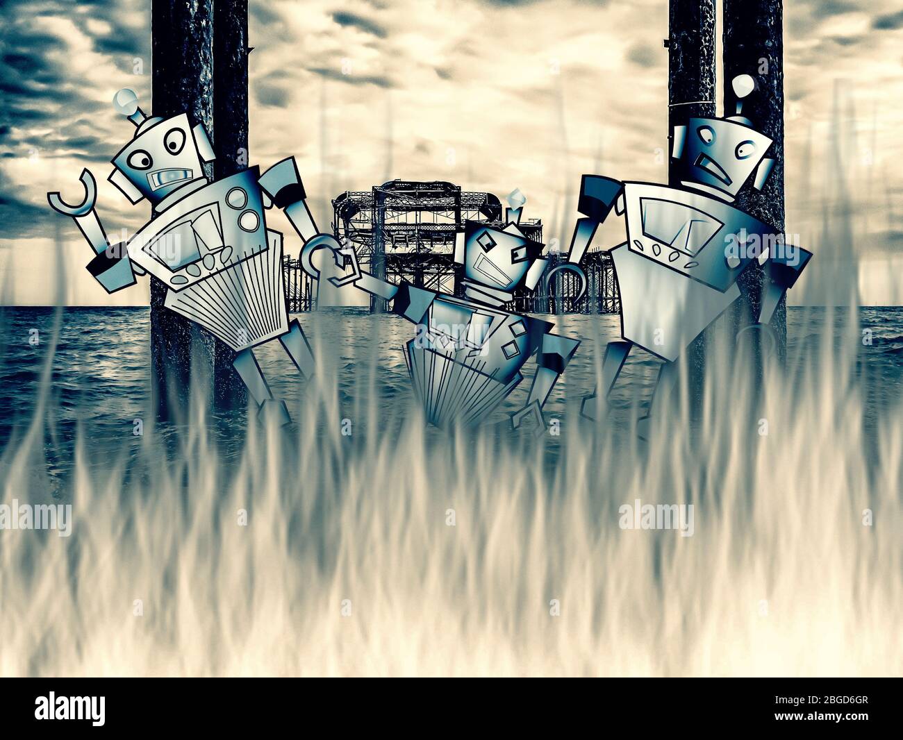 Robots escaping fire in front of Brighton pier montage Stock Photo - Alamy
