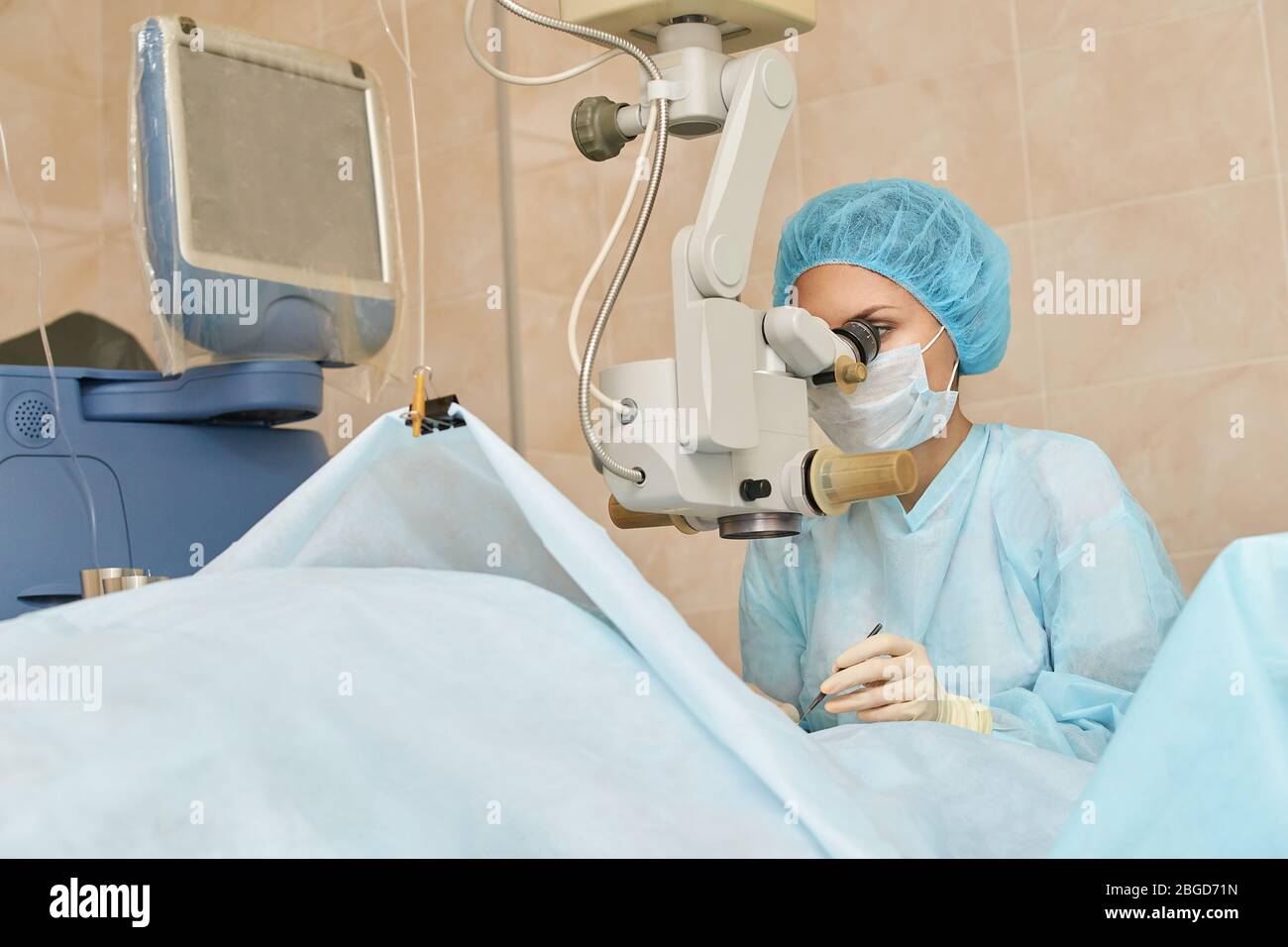 Ophthalmology laser microscope operation. Doctor in clinic. Patient eye ...