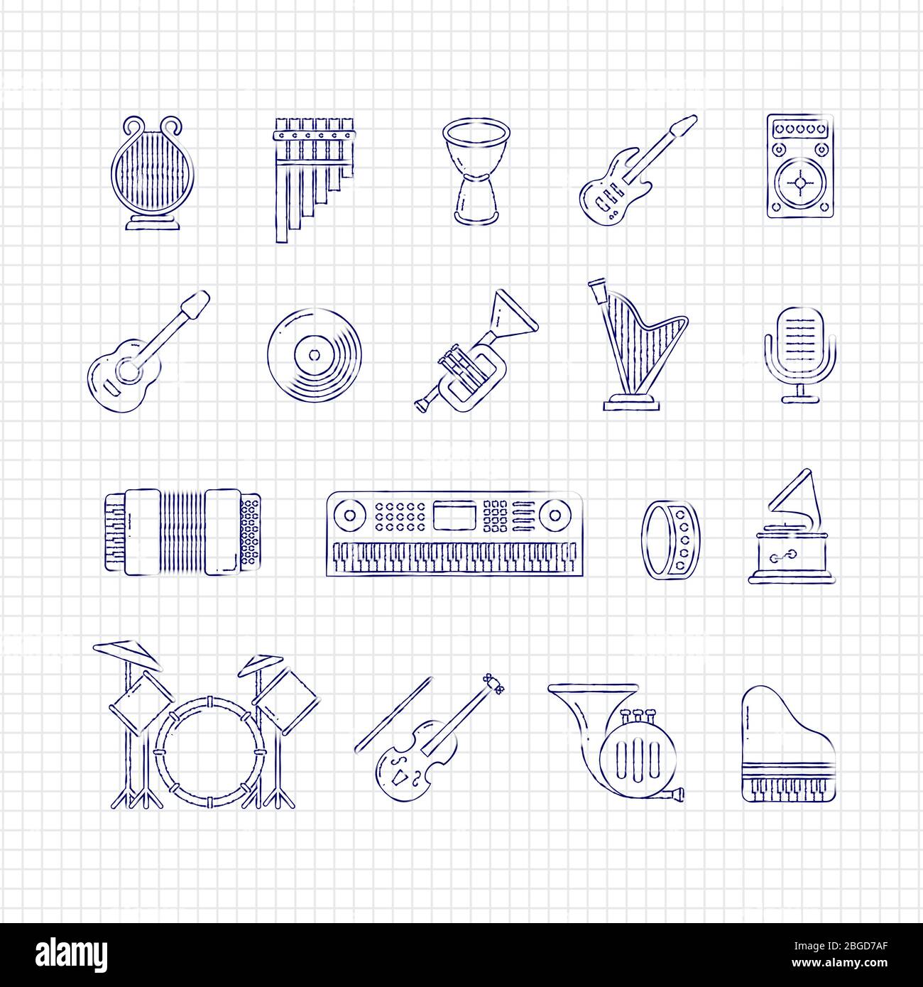 Ballpoint drawing music concert instruments thin line icons of set ...