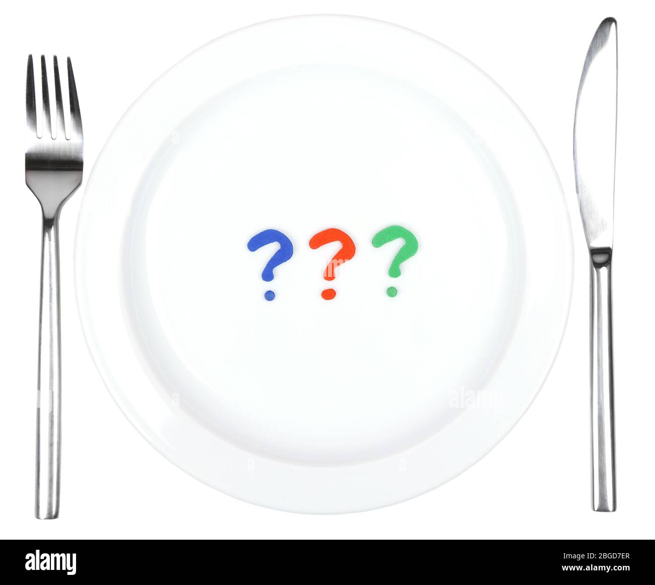 Plate with question marks isolated on white Stock Photo - Alamy