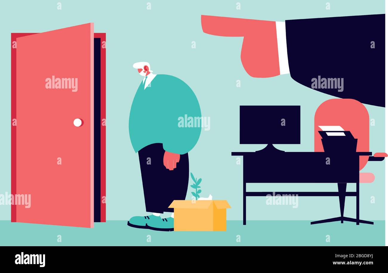 fired man with box, big boss hand pointing on the door vector ...