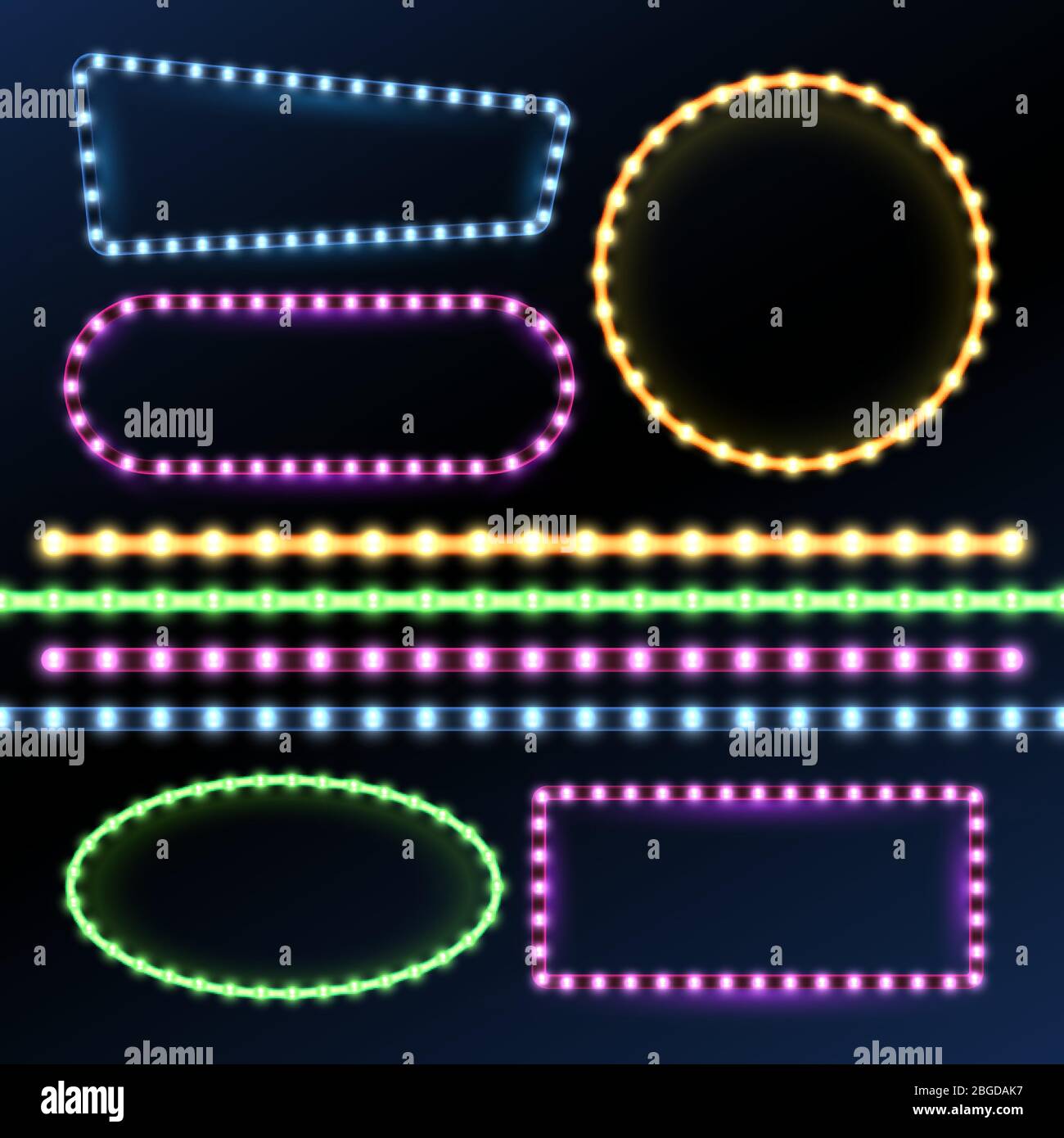 Neon and led strips and diode light border frames vector set. Neon ...