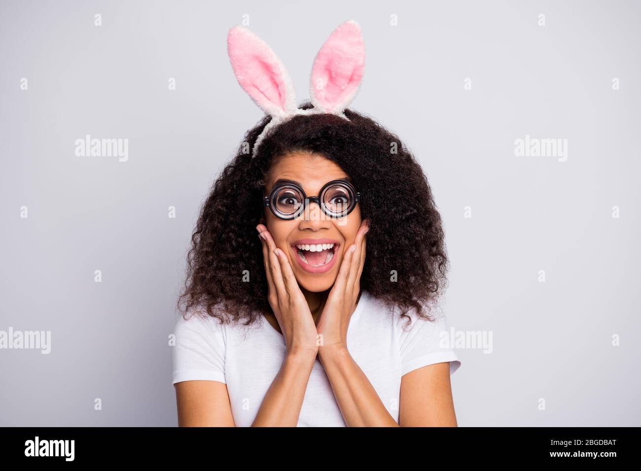 Closeup photo of beautiful funny dark skin lady adorable smile arms on ...