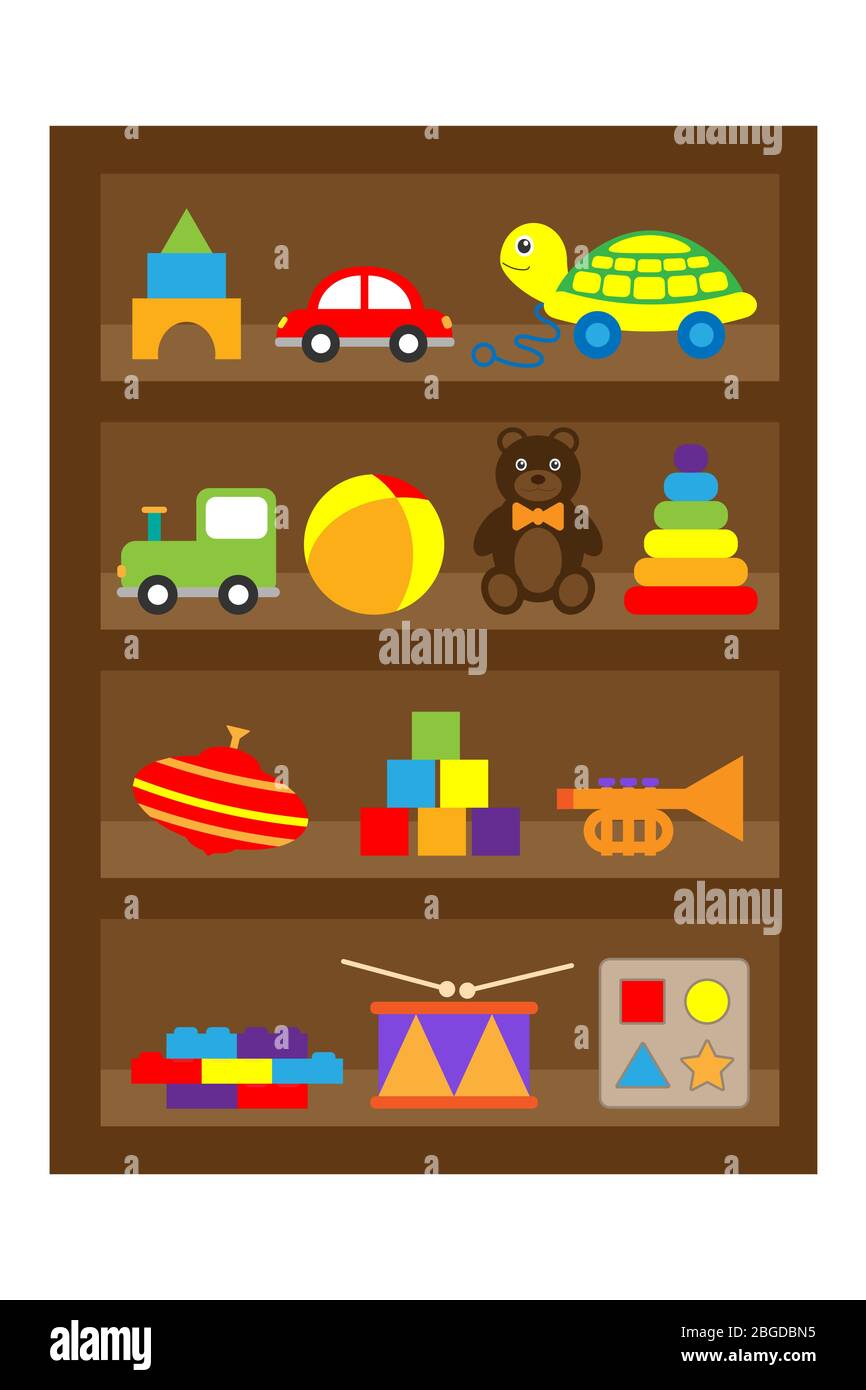 Different toys on shelves in cartoon style, fun education for kids ...