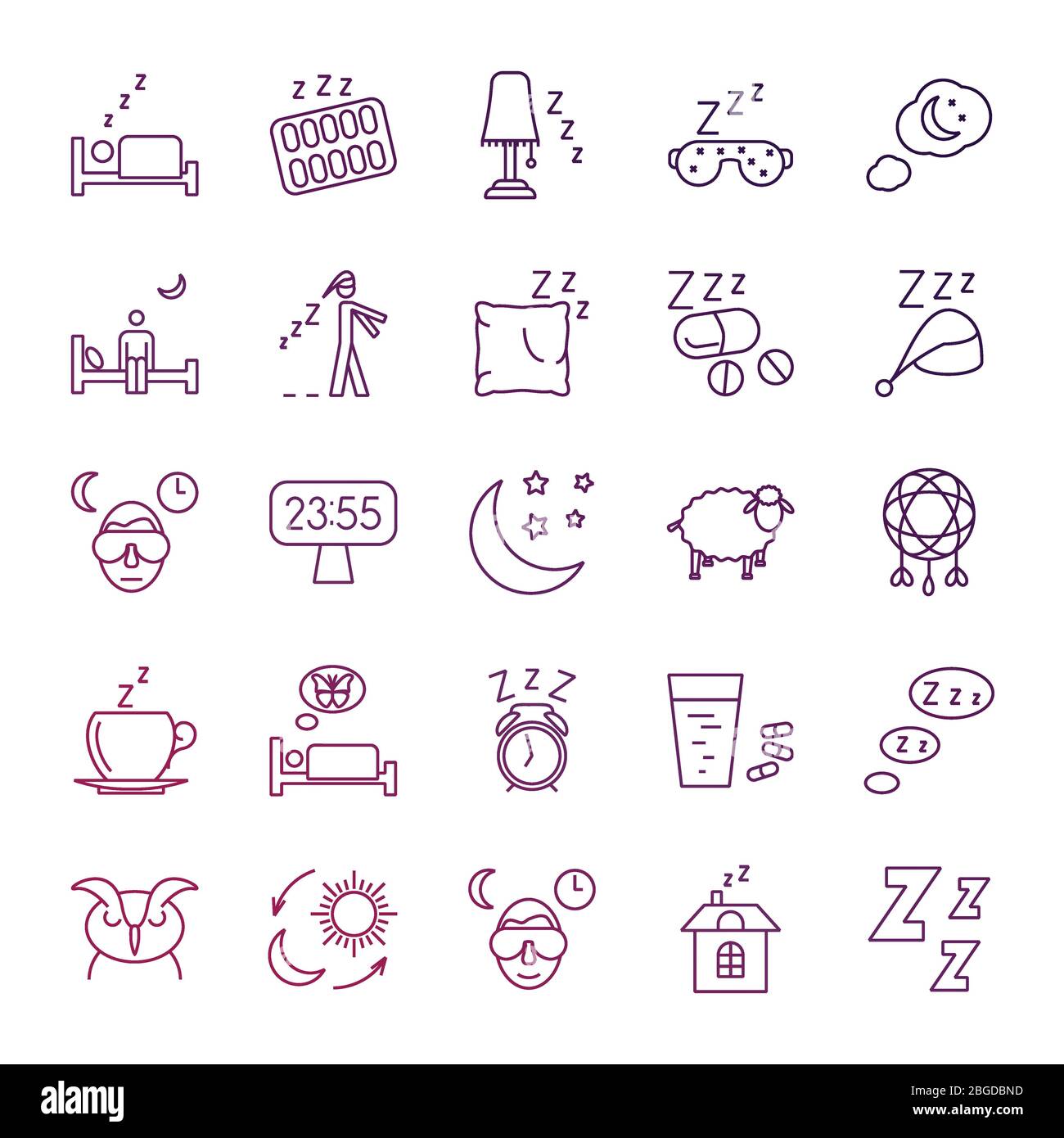 Insomnia problems and sleeping line icons set. Sleep and insomnia ...