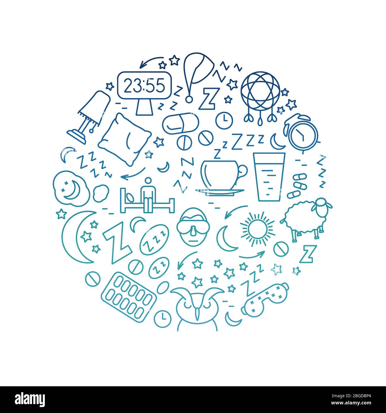 Relax and night rest vector signs. Sleeping linear icons of set ...