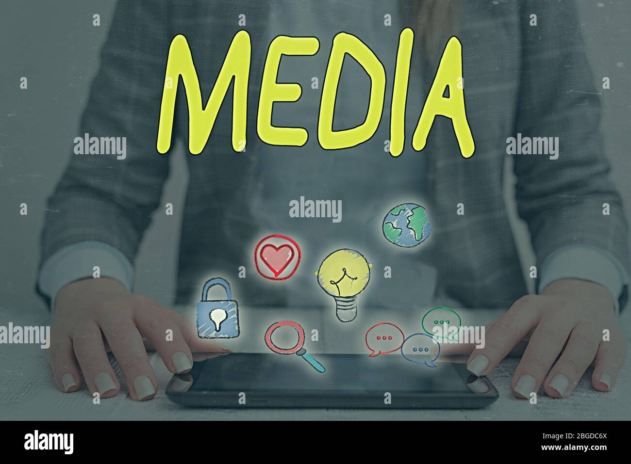 Word writing text Media. Business photo showcasing the main means of ...