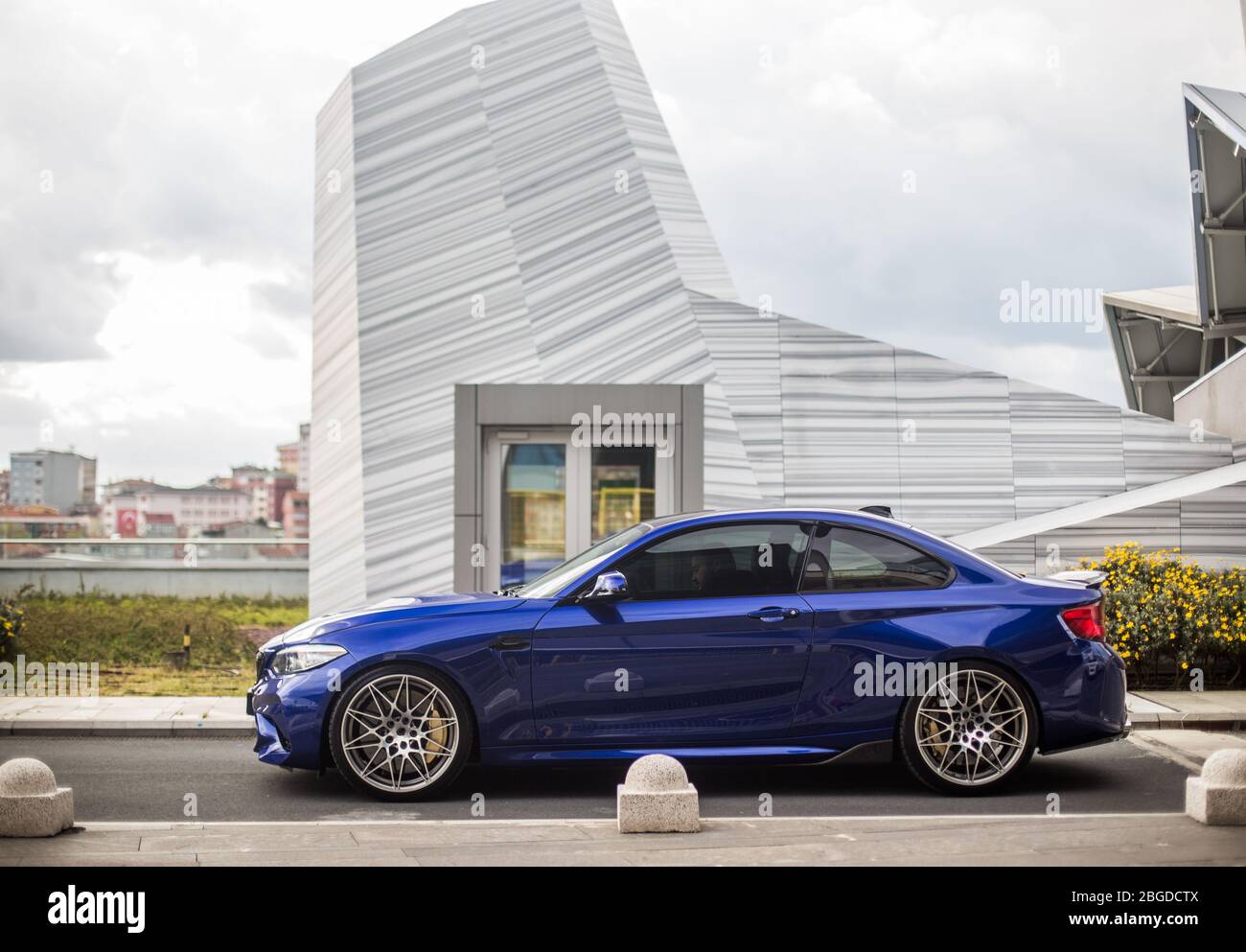 Blue design racing car preparing for autoshow in a panoramic area Stock ...
