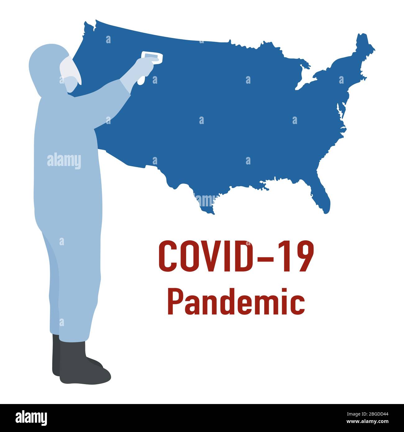 Vector illustration COVID-19 Pandemic. Man in hazmat suit remotely ...