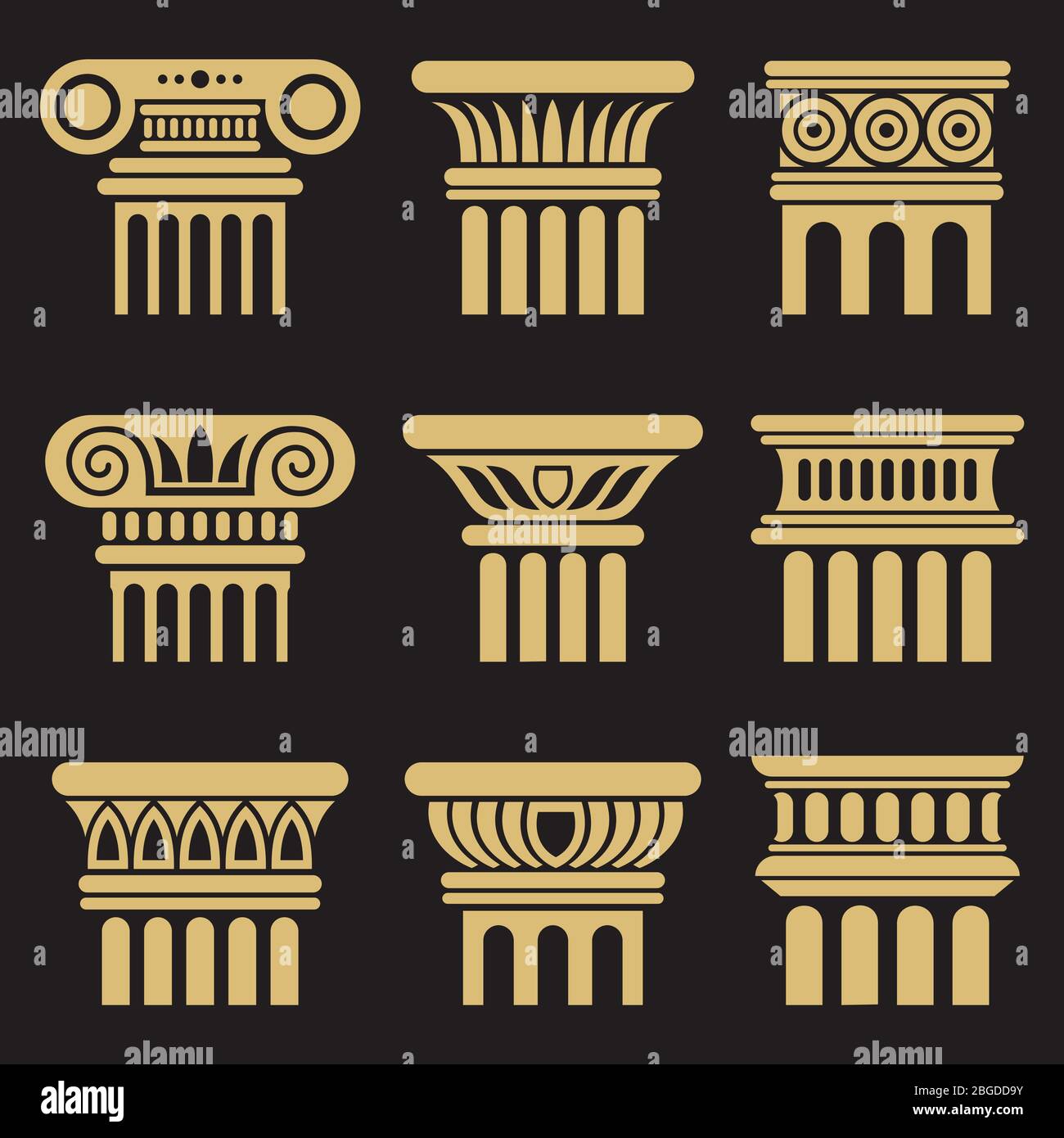 Set of golden ancient rome architecture column icons. Vector ...
