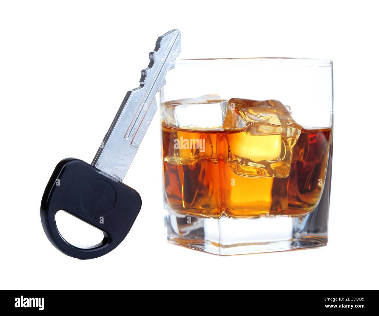 Composition with car key and glass of whiskey, isolated on white Stock ...