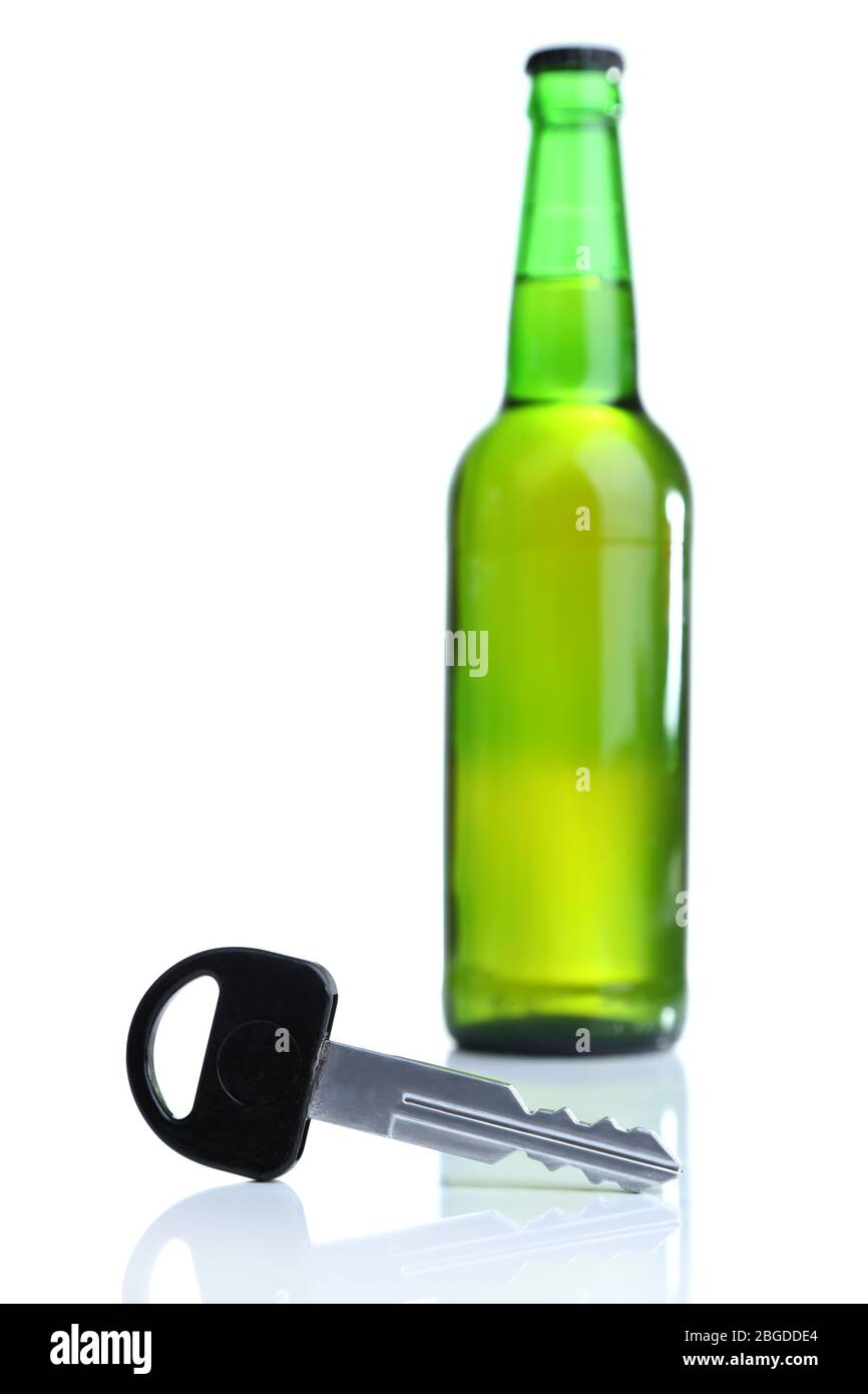 Composition with car key and bottle of beer, isolated on white Stock ...