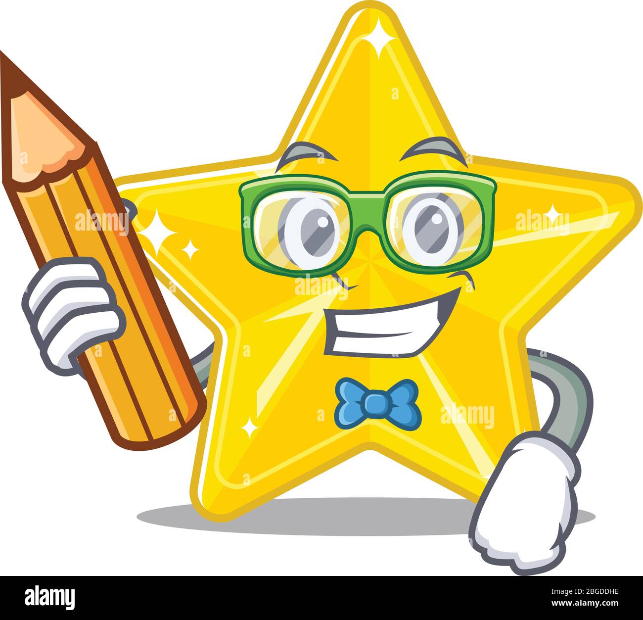 A brainy student shiny star cartoon character with pencil and glasses ...
