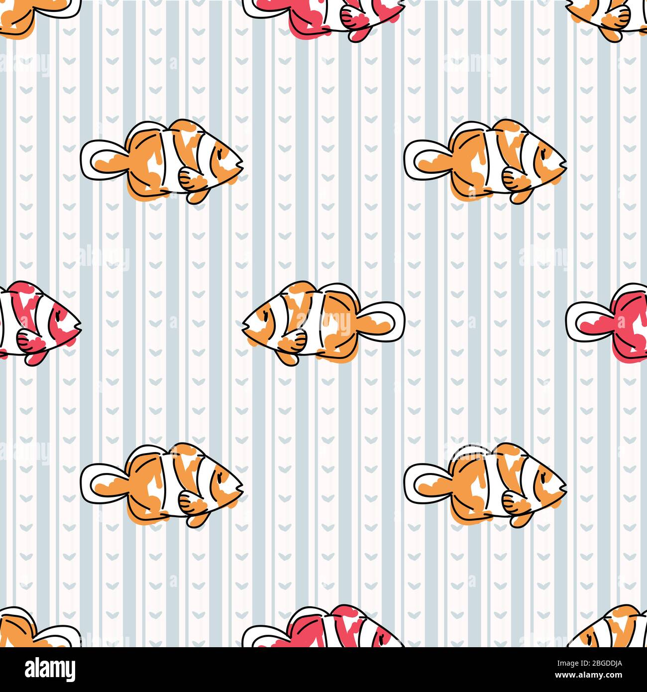 Cute cartoon two clownfish seamless vector pattern. Hand drawn sealife ...
